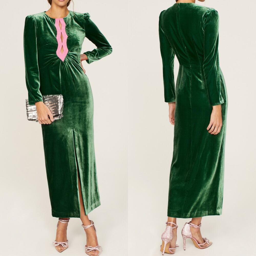 Saloni Bright Emerald Green Jinx Midi Dress Pink Trim… - Gem